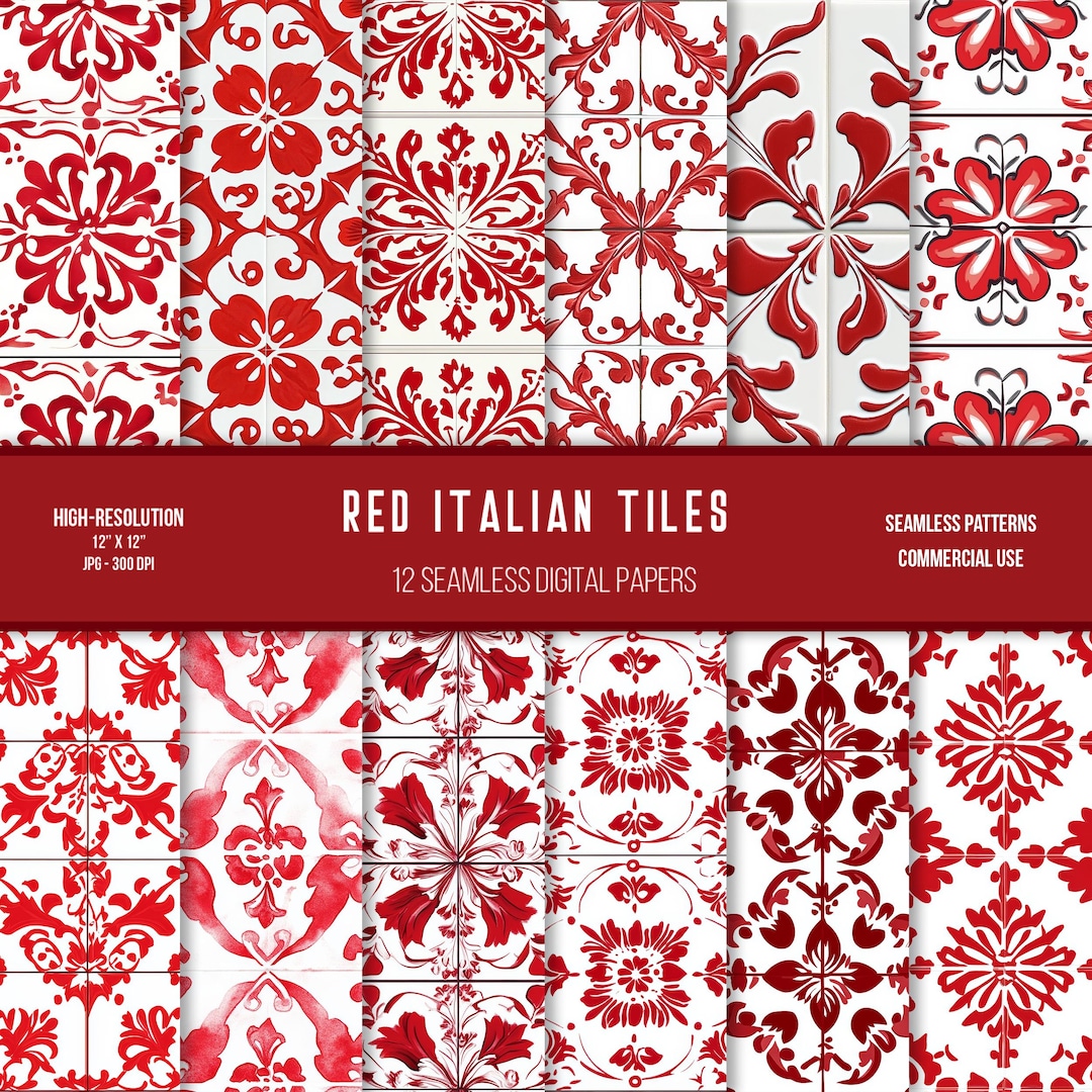 Red Italian Tile Digital Paper: Seamless Mediterranean Patterns (JPG ...
