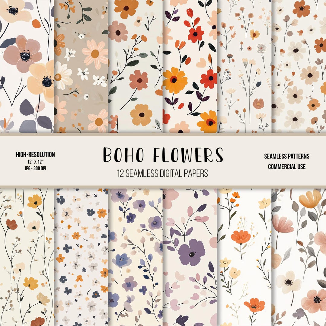 Boho Flowers Digital Paper: Seamless Bohemian Patterns (digital ...