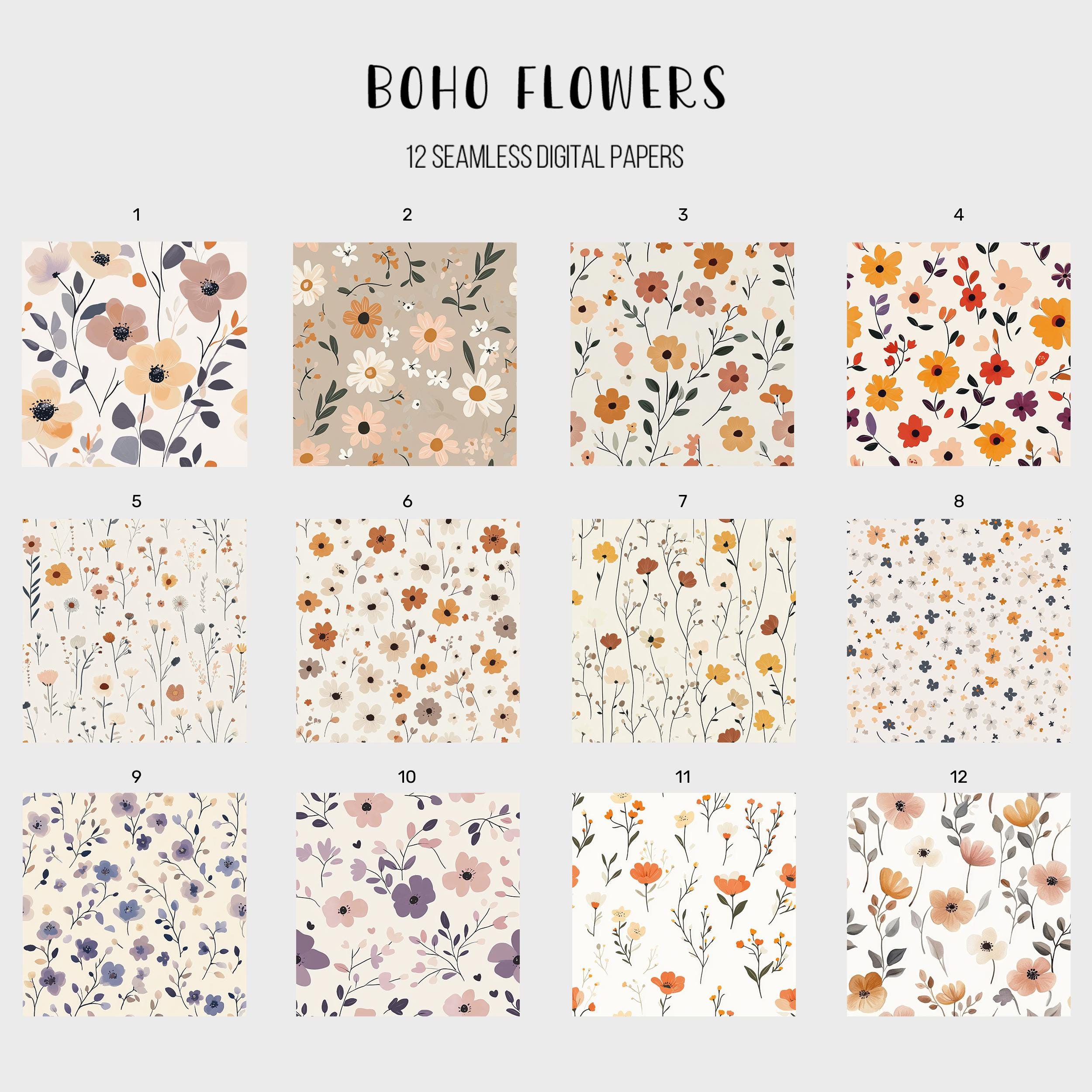 Boho Flowers Digital Paper: Seamless Bohemian Patterns (digital ...