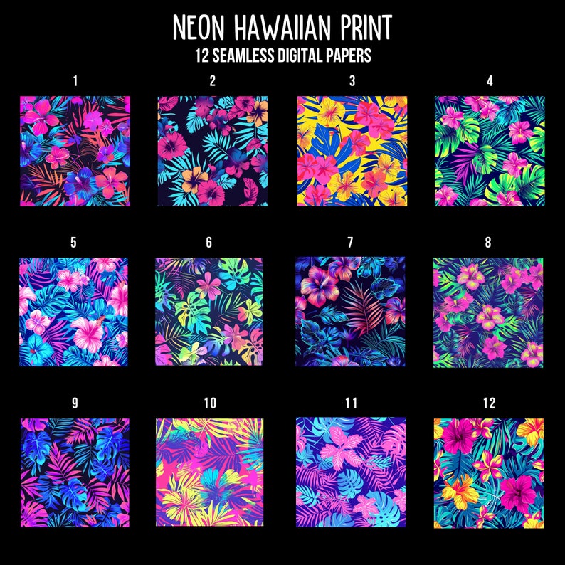 Neon Hawaiian Print Digital Paper: Seamless Tropical Patterns (digital ...