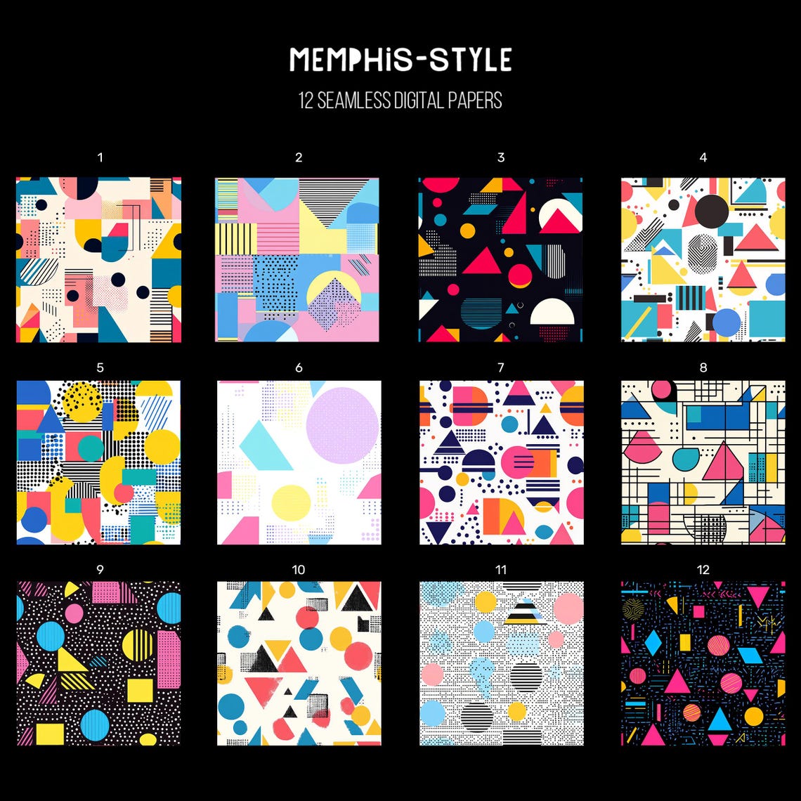 Memphis Style Digital Paper: Seamless 80s 90s Retro Geometric Patterns ...