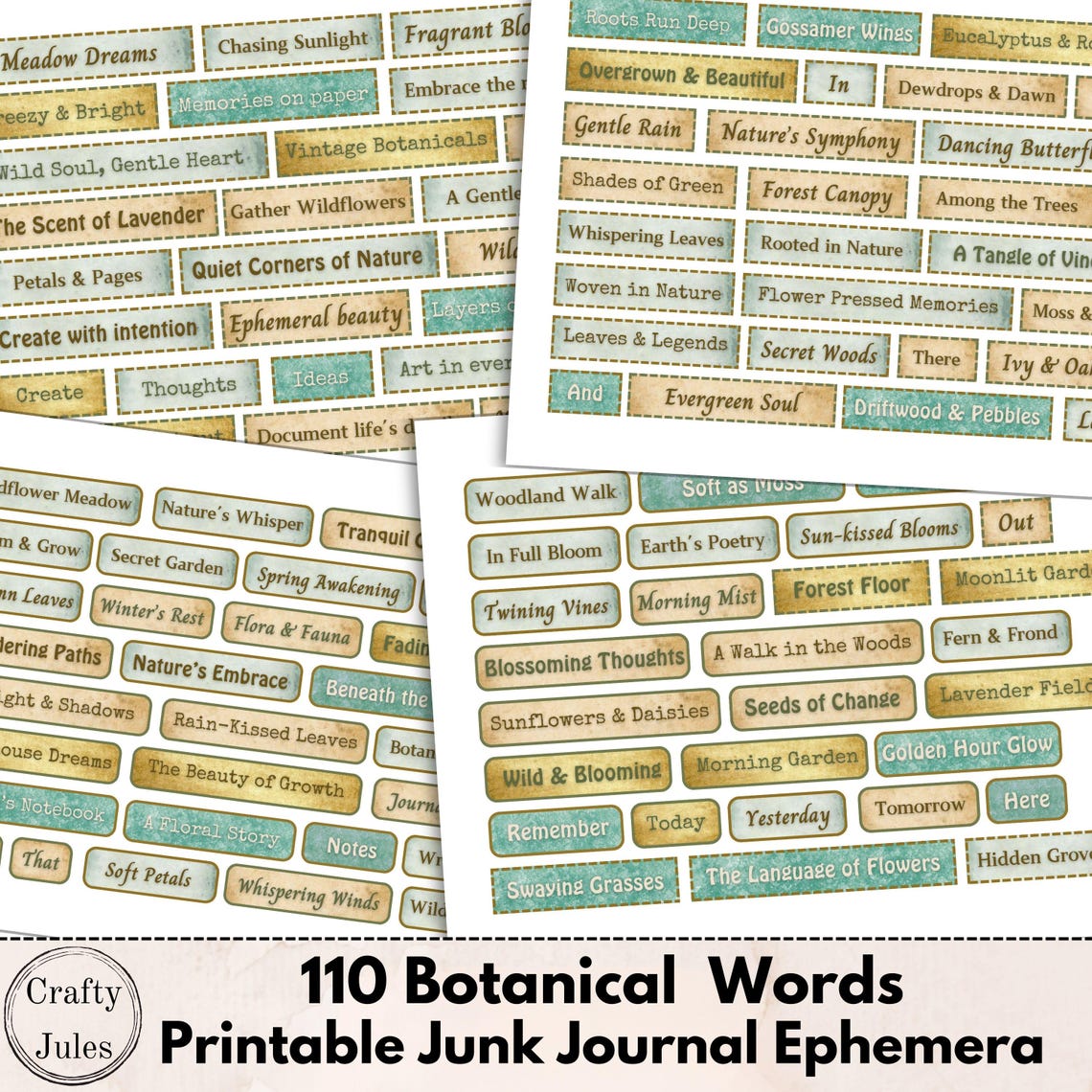 Botanical Words, 110 Printable Word Strips, Junk Journal Ephemera ...