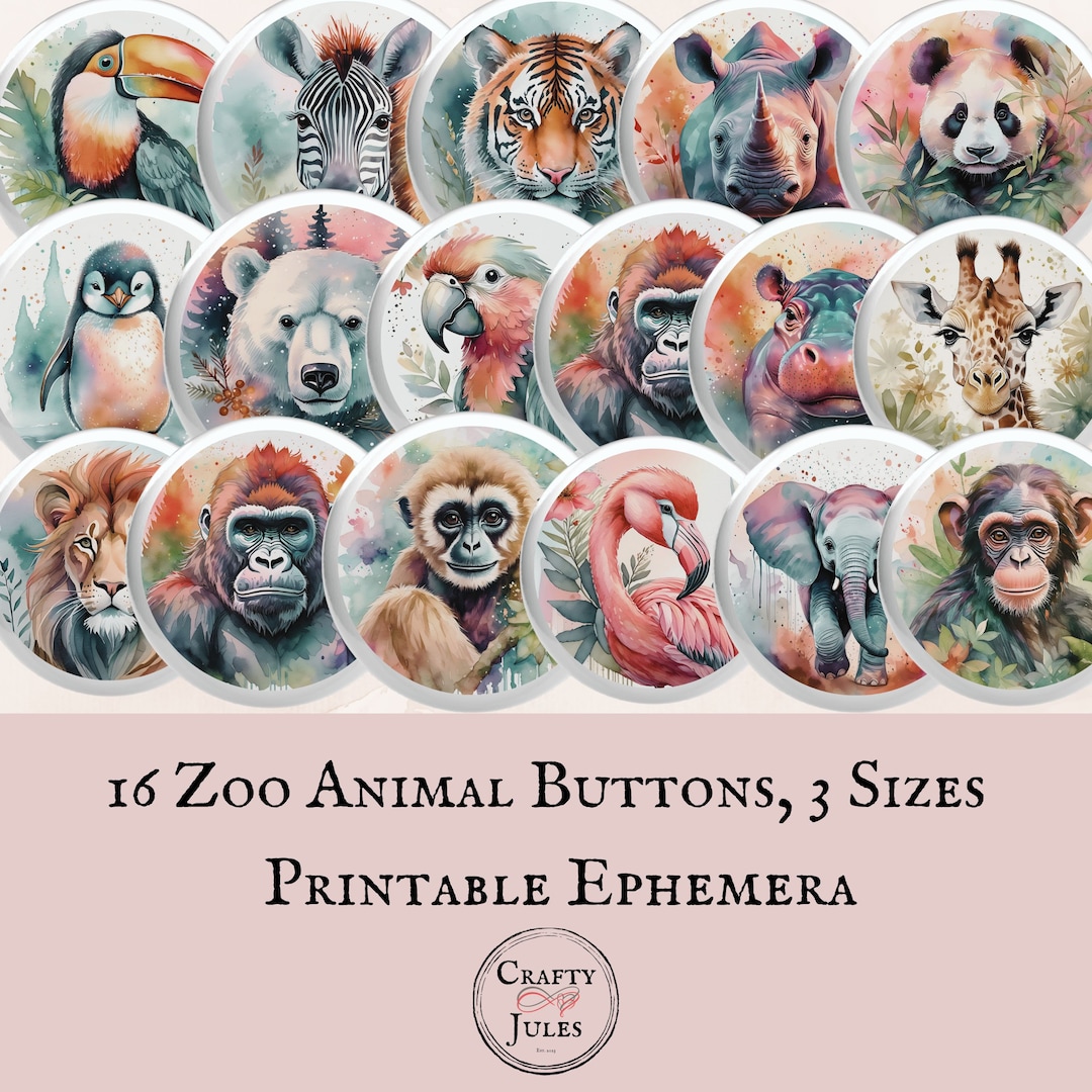 16 Printable Zoo Animal Buttons, Ephemera for Junk Journals and ...