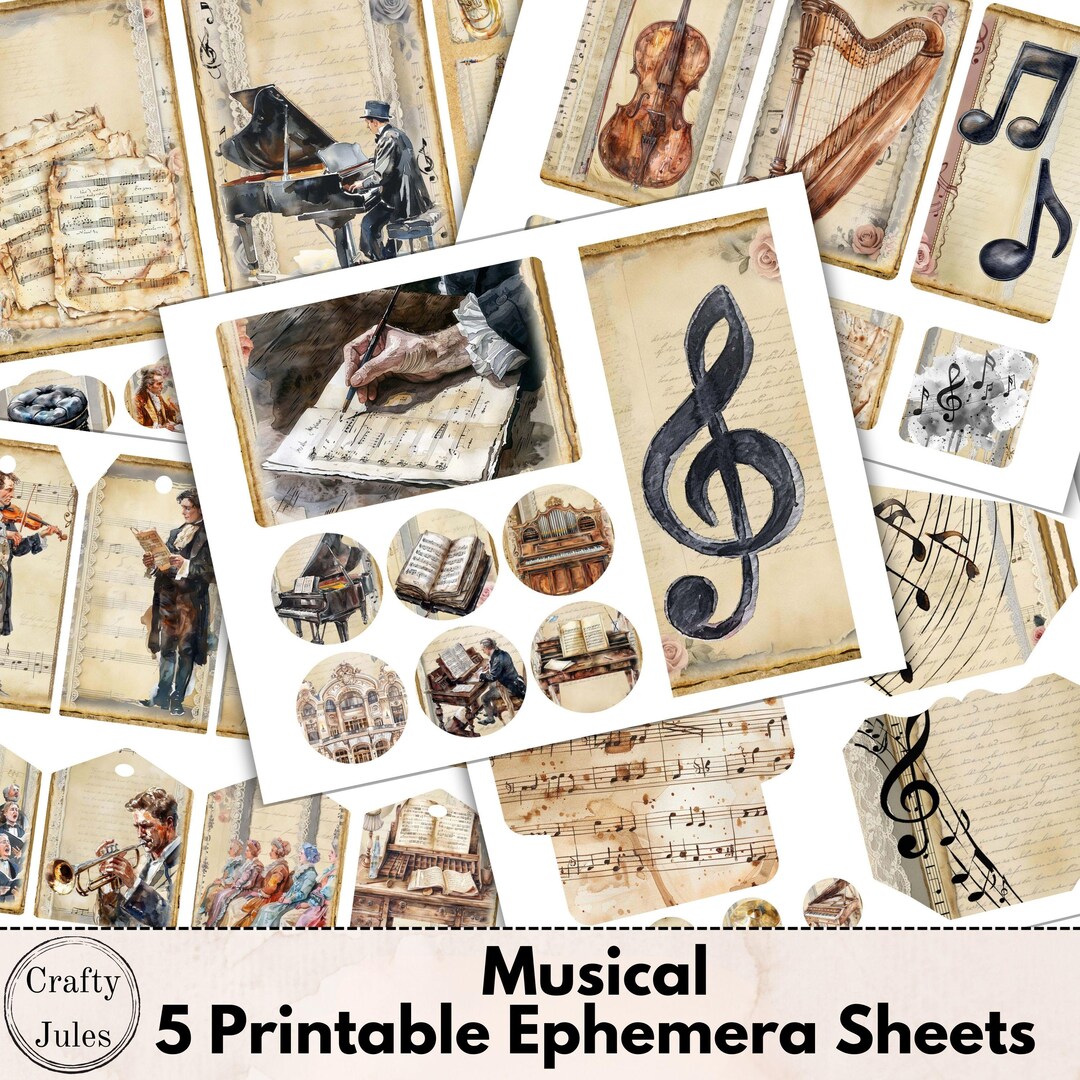 Music Themed Printable Ephemera Sheets – 5 Digital Sheets, 40 ...