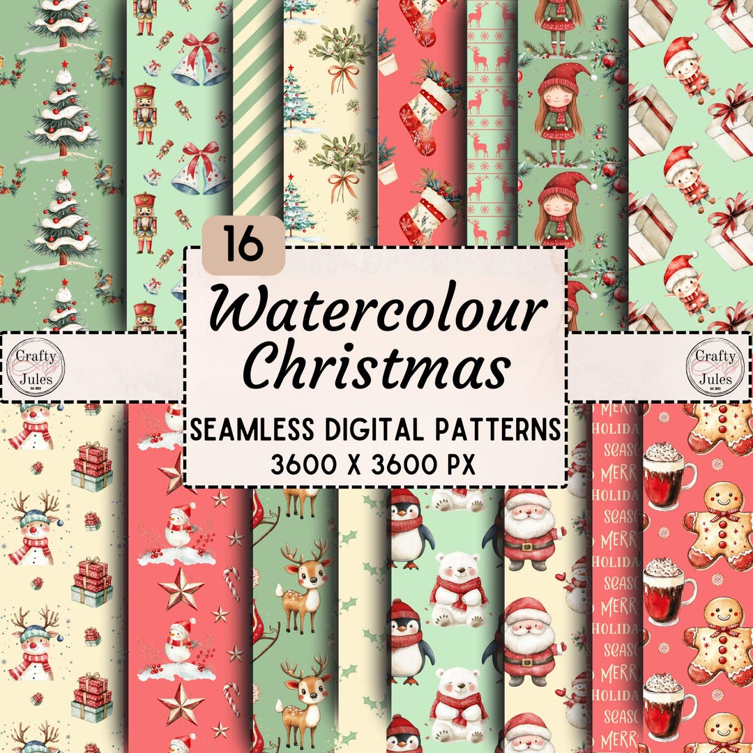 Watercolour Christmas Digital Seamless Patterns, Printable Xmas Papers ...
