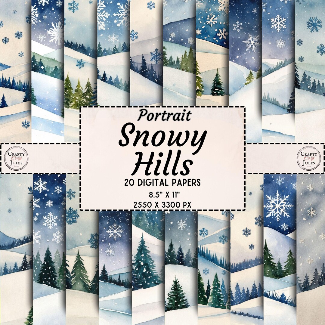Snowy Hills Digital Paper: 20 Watercolor Winter Scene Backgrounds for ...