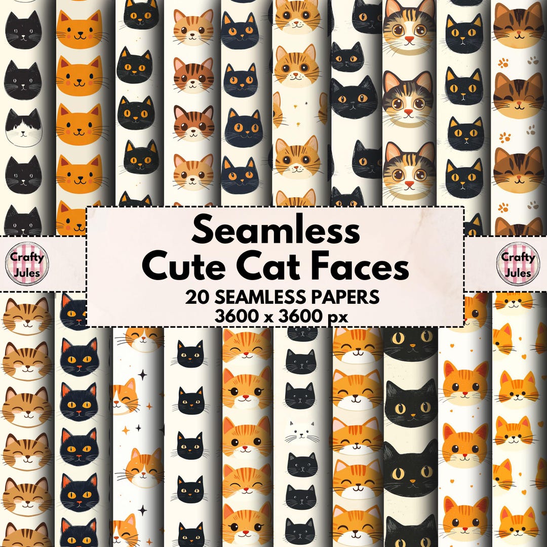 Seamless Cat Face Patterns, 20 Printable Papers, Commercial Use, Cute ...