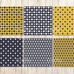Black and Yellow Hearts Seamless Digital Patterns, 20 Crafting Papers ...
