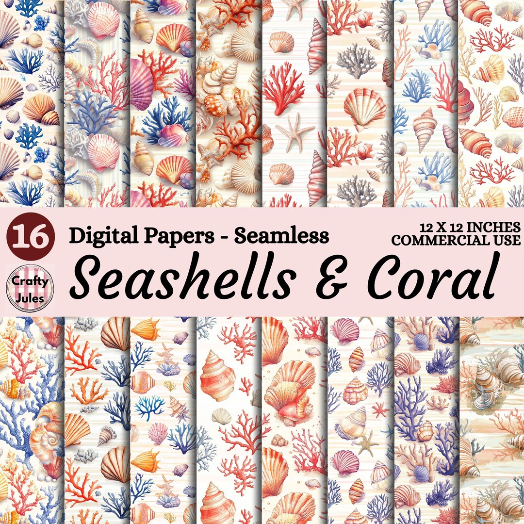 Seashells and Coral Printable Patterns, Ocean Theme Scrapbook Papers ...