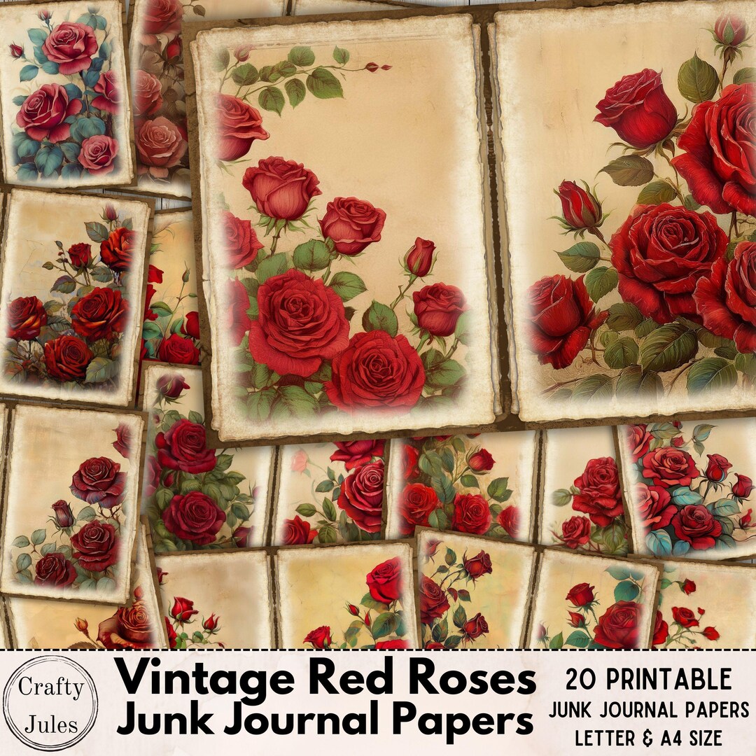 Vintage Red Roses Digital Junk Journal Papers – 20 Printable Pages, A4 ...