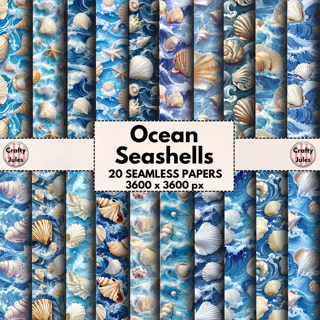 Seamless Seashell Patterns, 20 Printable Papers, Commercial Use, Ocean ...