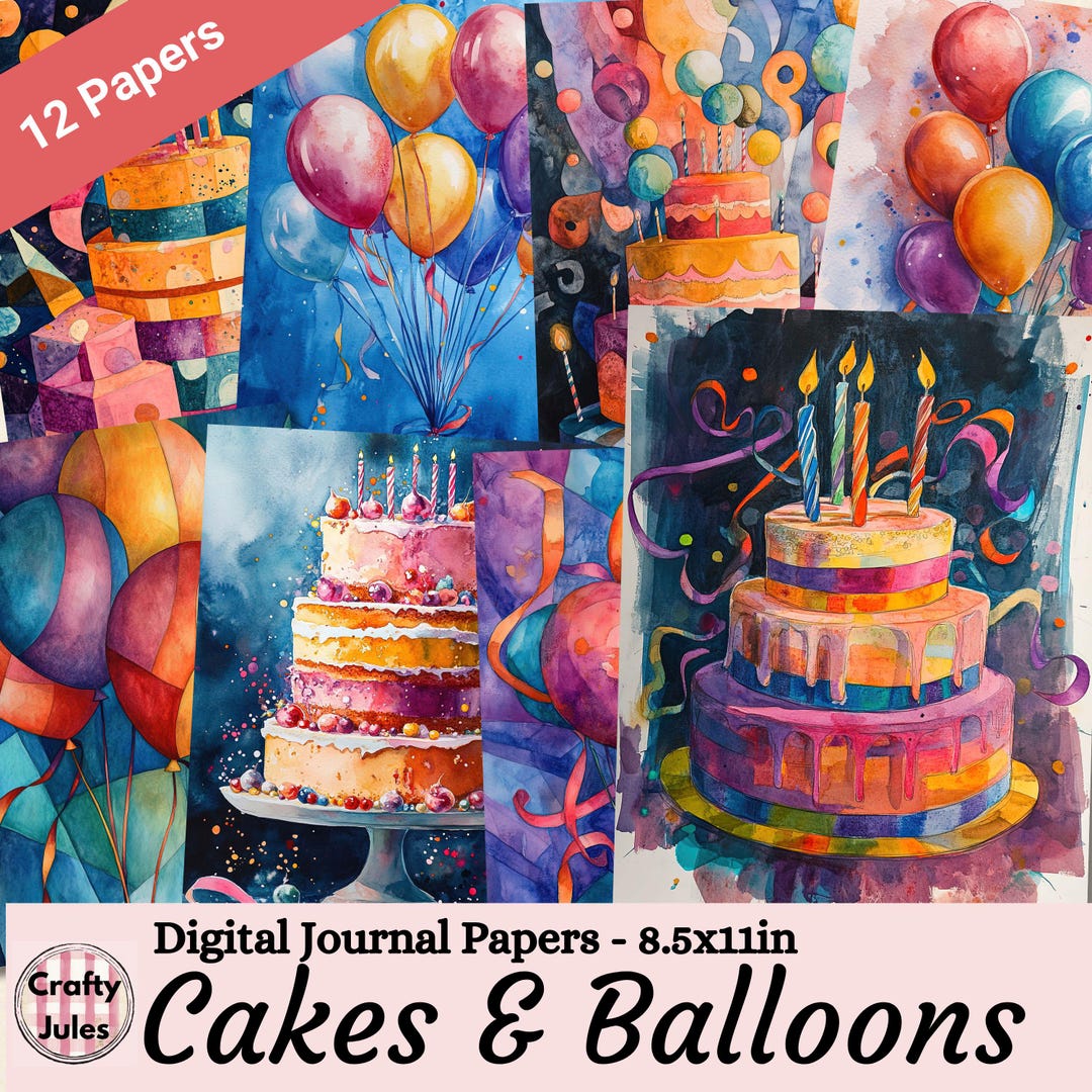 Cakes and Balloons Digital Papers, Printable Birthday Celebration ...