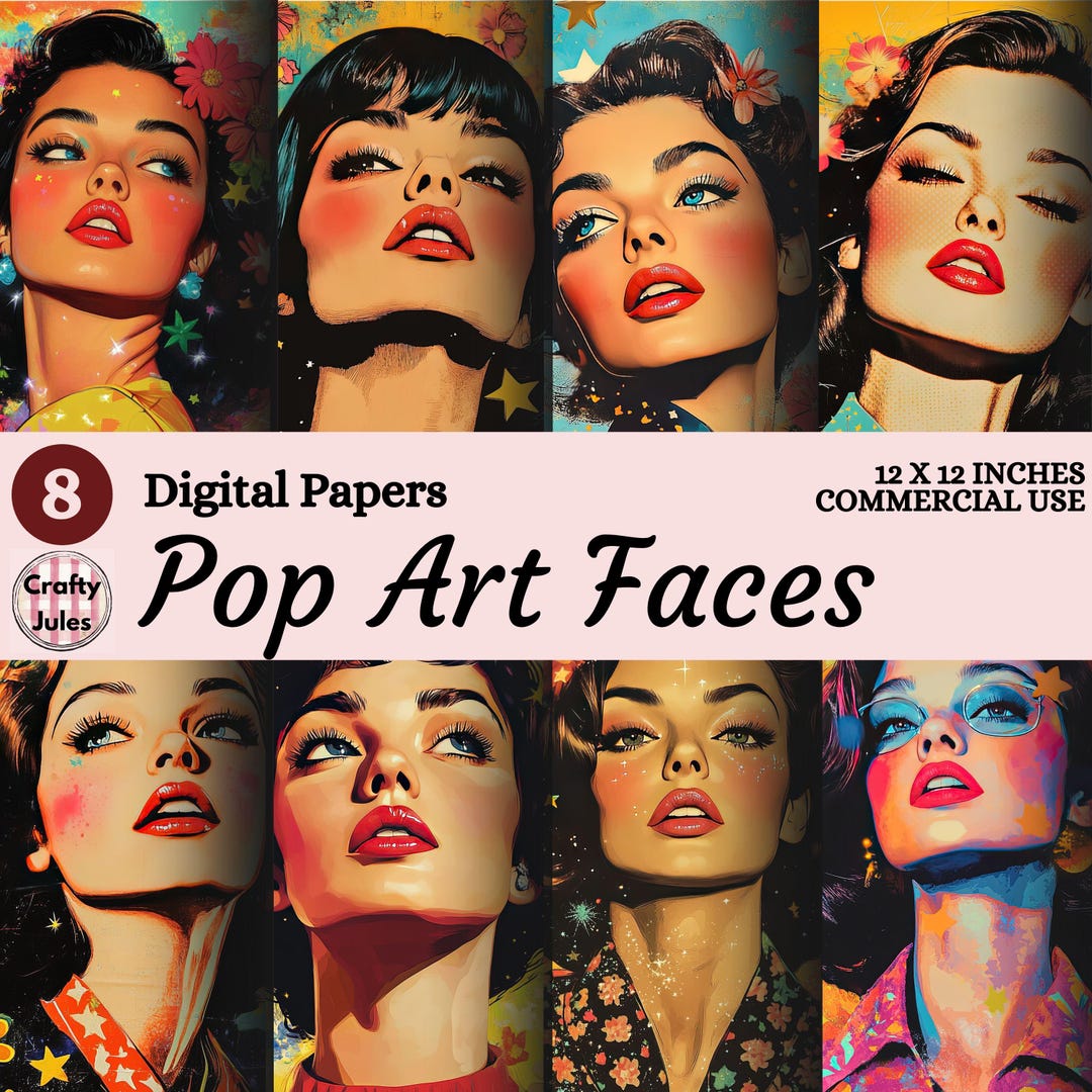 Pop Art Faces Digital Papers, Retro Women, Printable 12x12in Scrapbook ...