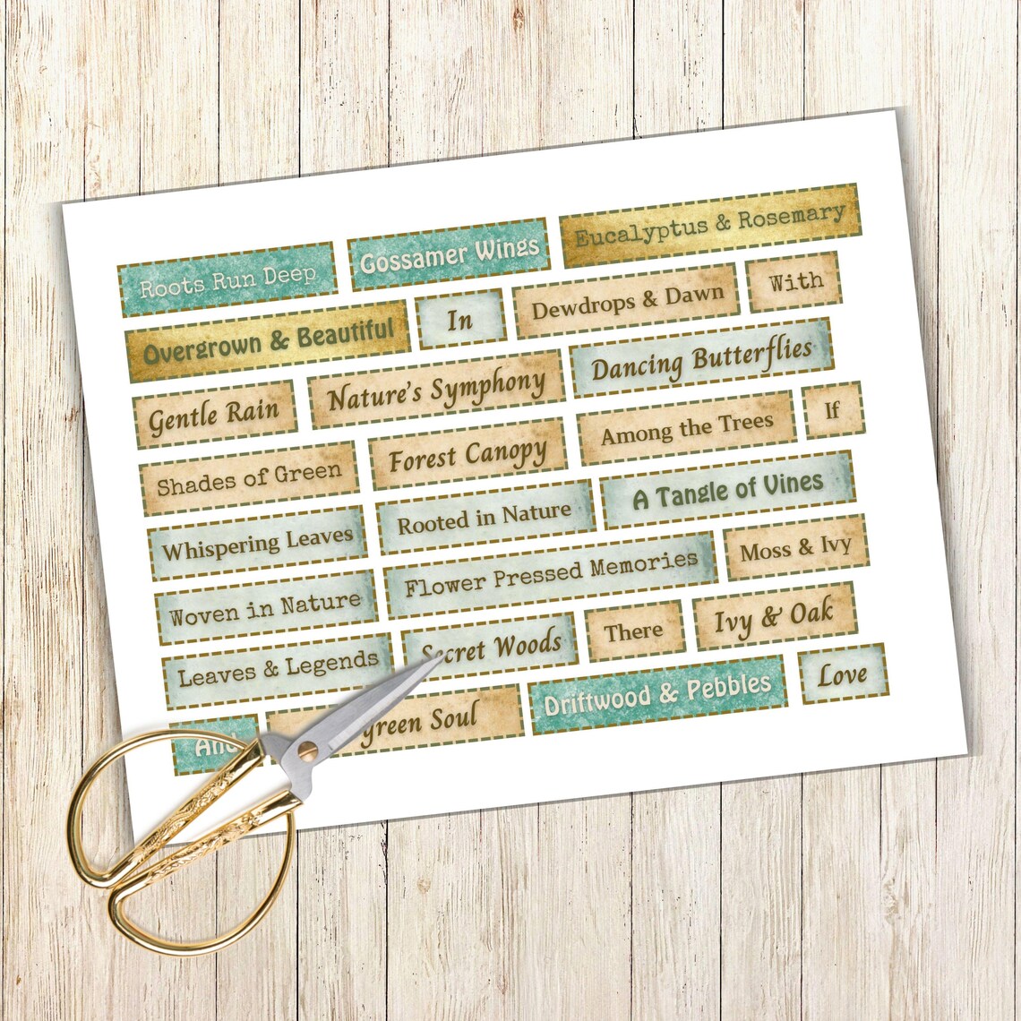 Botanical and Journal Words, 110 Printable Strips, Scrapbook Ephemera ...
