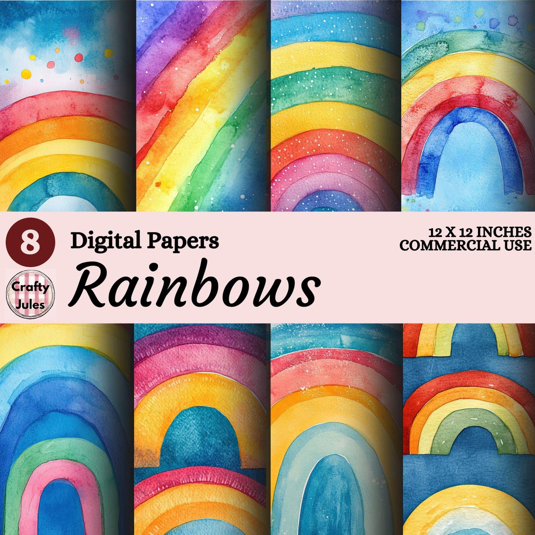 Rainbows Digital Paper, Printable 12"x12" Watercolour Scrapbook ...