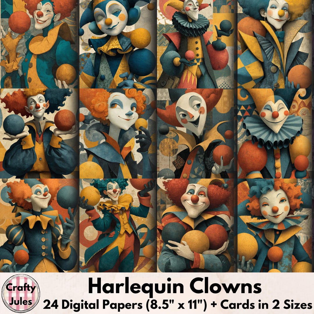 Clowns Digital Papers – 24 Printable Carnival Pages Plus Cards and Atcs ...