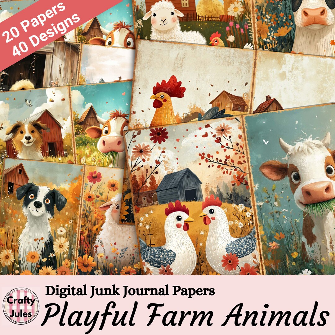 Cartoon Farm Animal Junk Journal Papers, Playful Farmyard Scrapbook ...