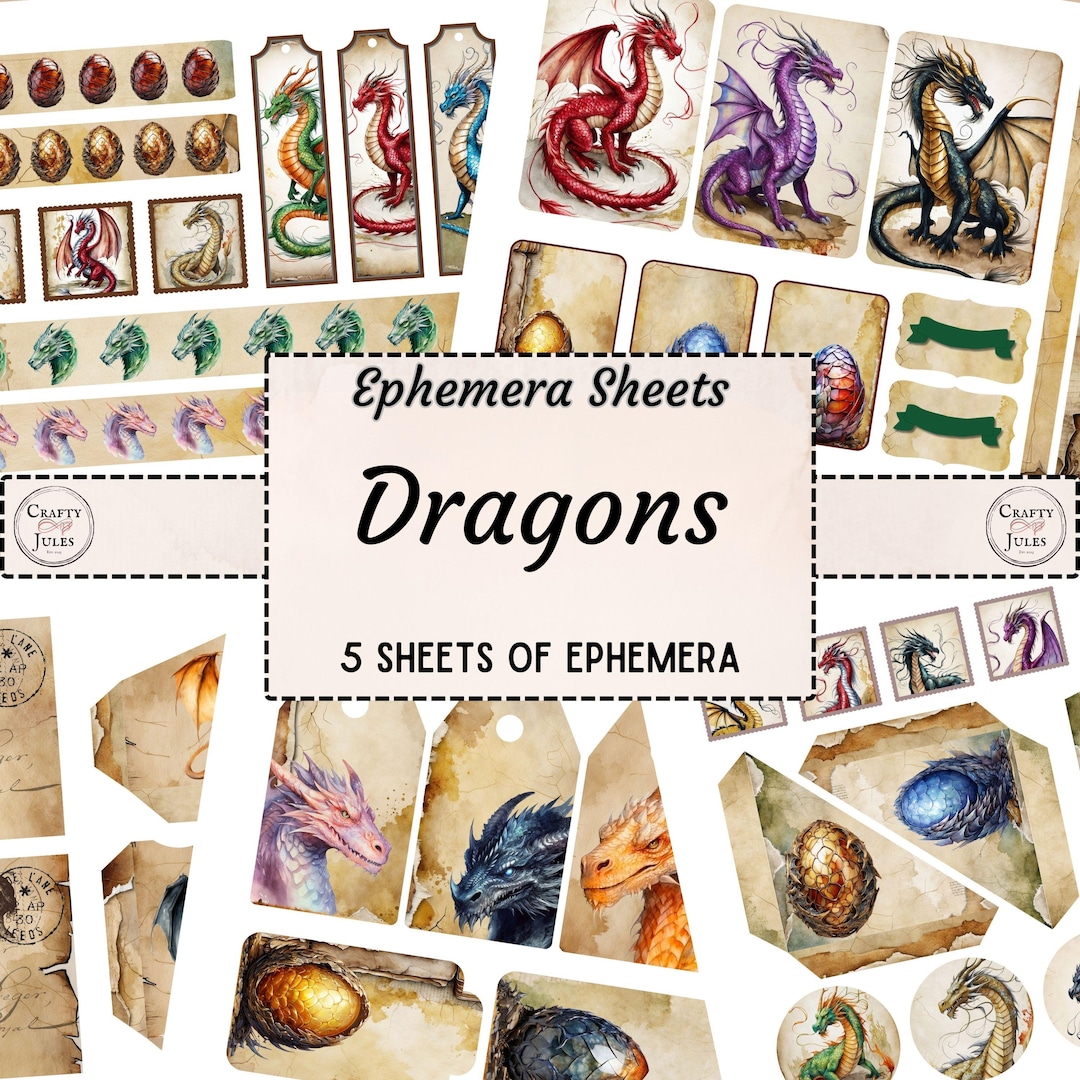 Dragons Ephemera Sheets, 5 Printable Sheets of Fantasy Embellishments ...