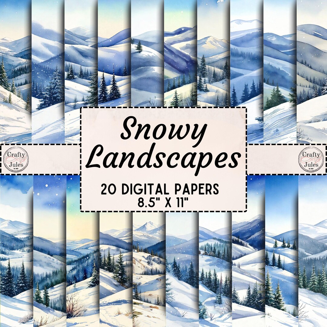 Snow Landscapes Digital Paper: 20 Watercolor Winter Scene Backgrounds ...