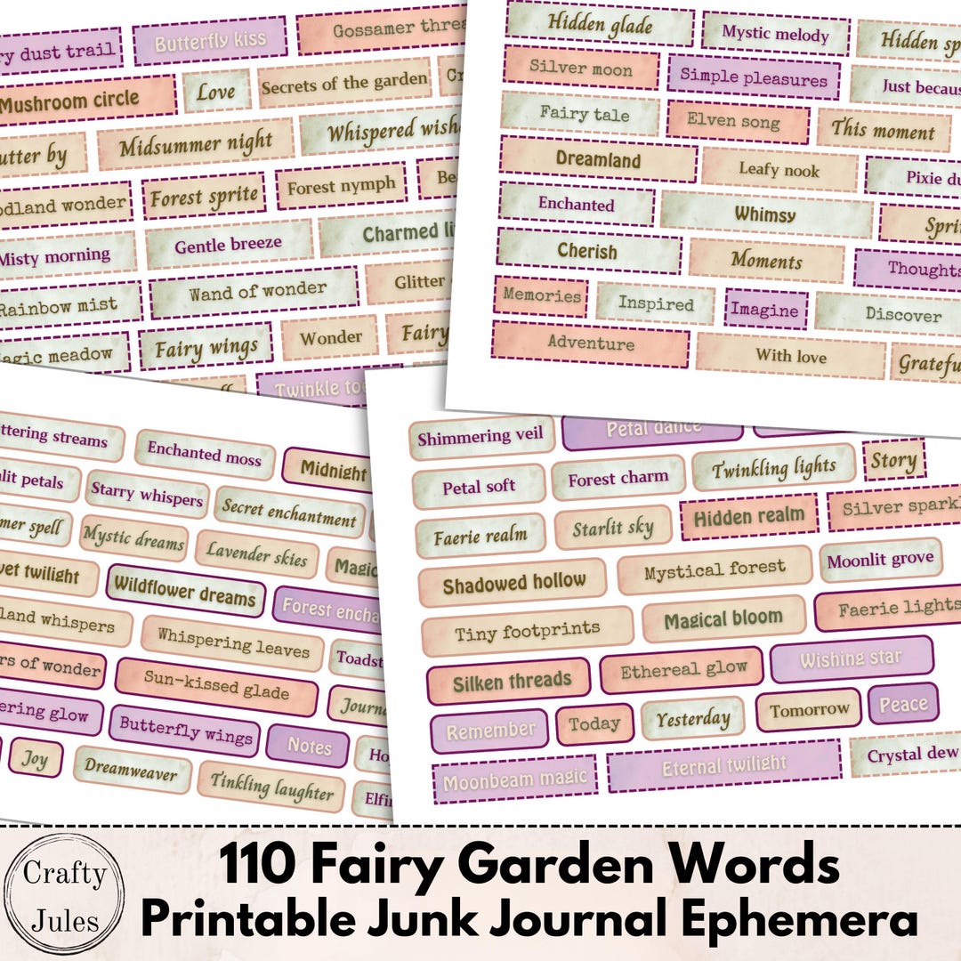 Fairy Garden Words, 110 Printable Word Strips, Junk Journal Ephemera ...