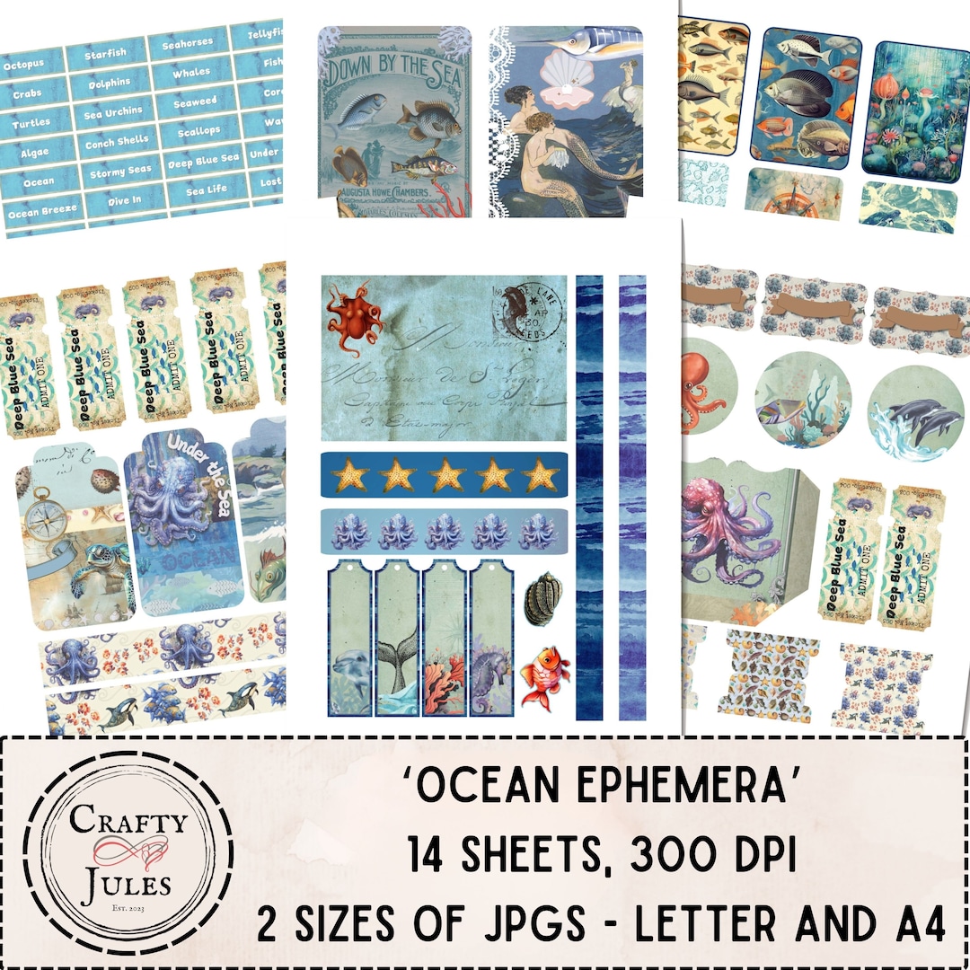 Printable Ocean Themed Ephemera Papers, 14 Sheets in 2 Sizes, Digital ...