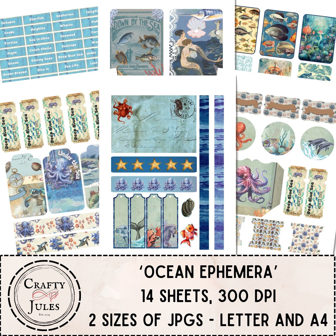 Printable Ocean Themed Ephemera Papers, 14 Sheets in 2 Sizes, Digital ...