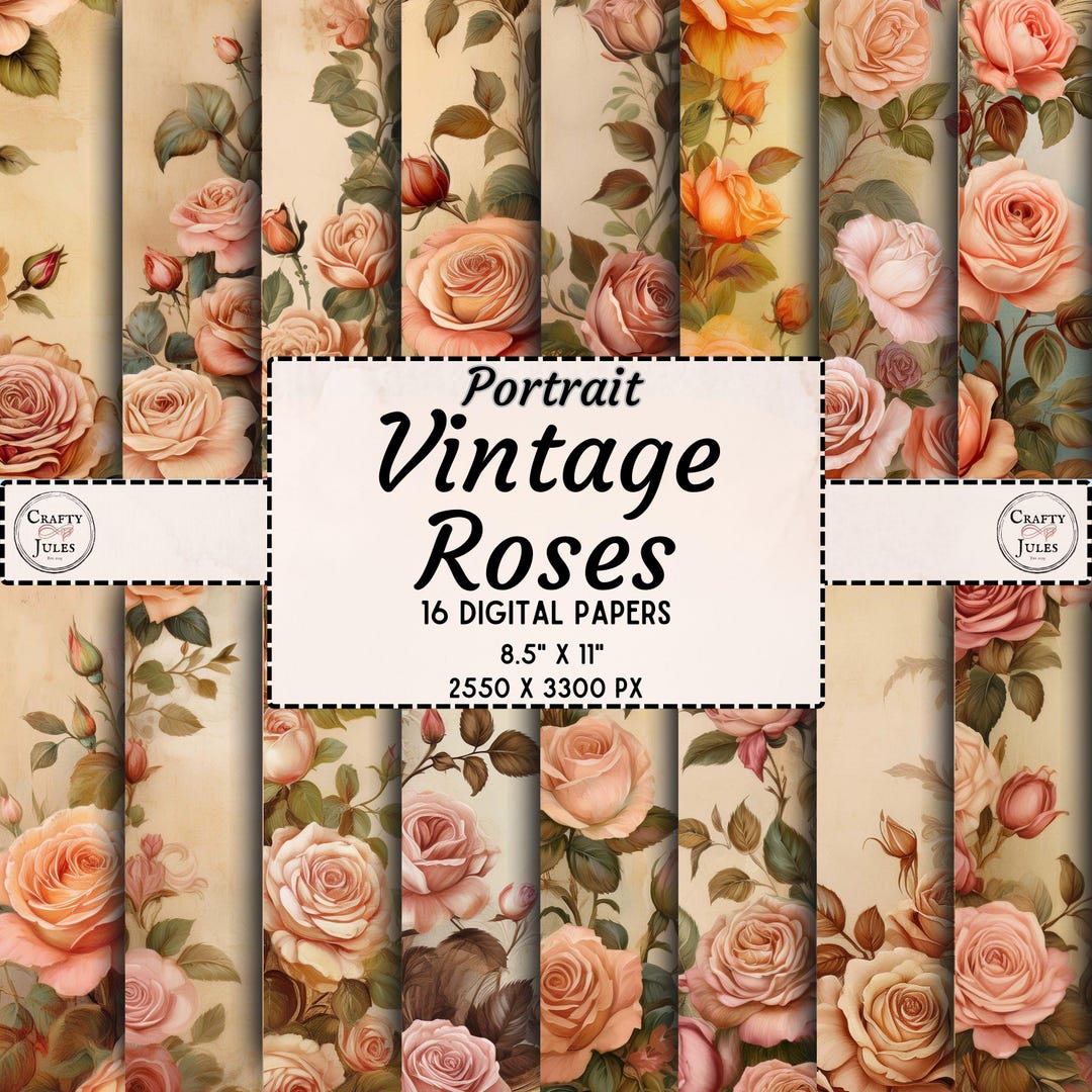 Vintage Roses Digital Papers Orange, Light Pink, Vintage Style ...