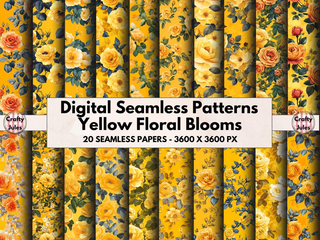 Digital Seamless Yellow Floral Patterns, Vintage Style Botanical Blooms ...