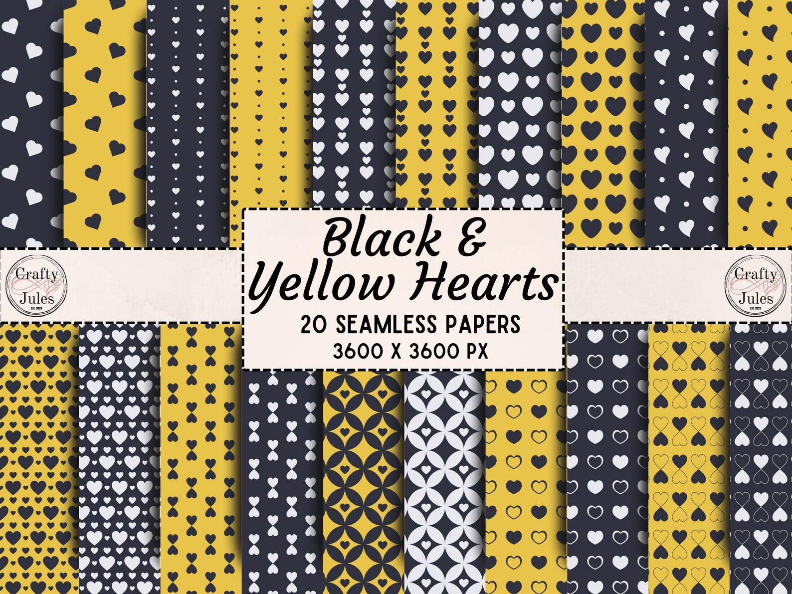Black and Yellow Hearts Seamless Digital Patterns, 20 Crafting Papers ...