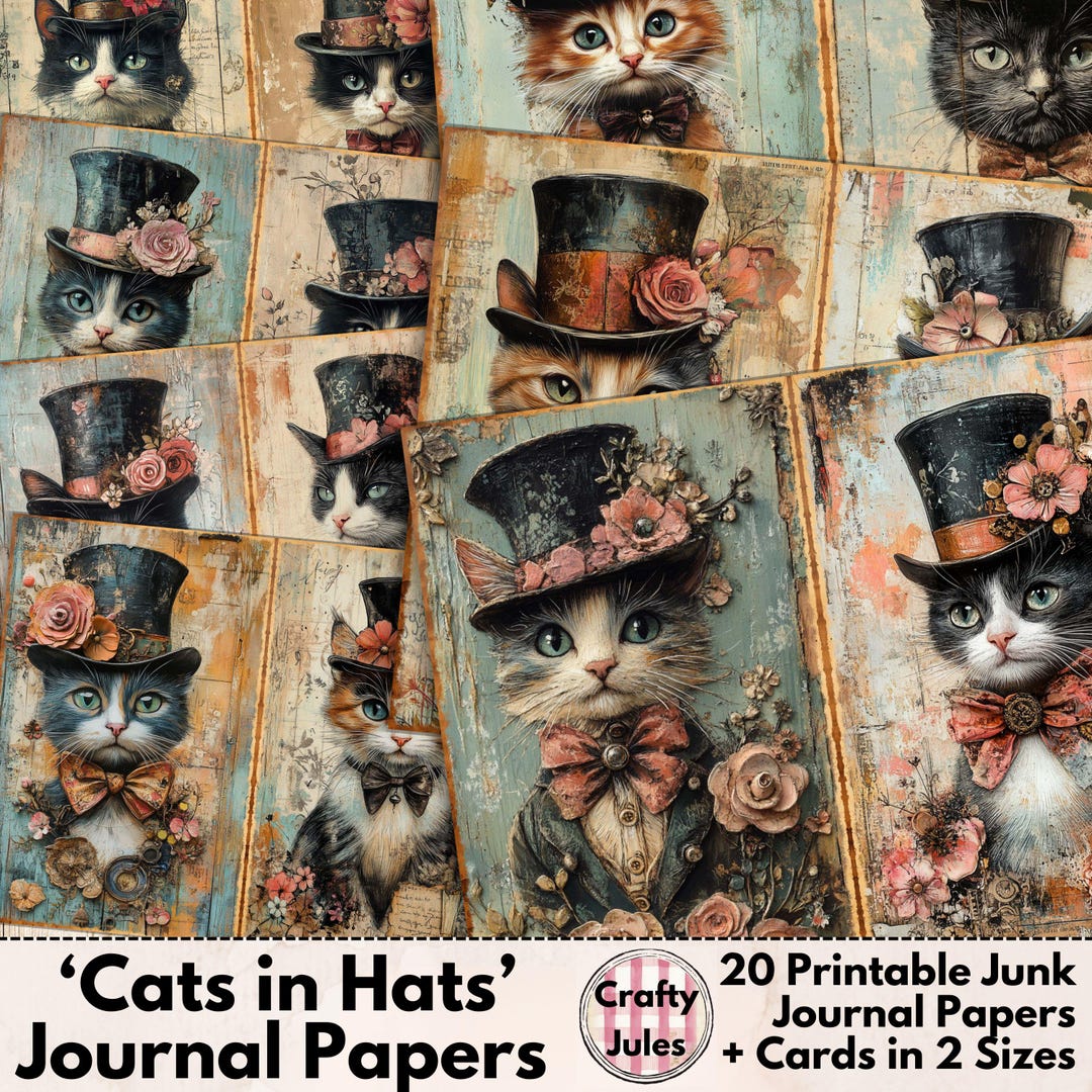 Cats in Hats Digital Papers – 20 Printable Pages for Junk Journals ...