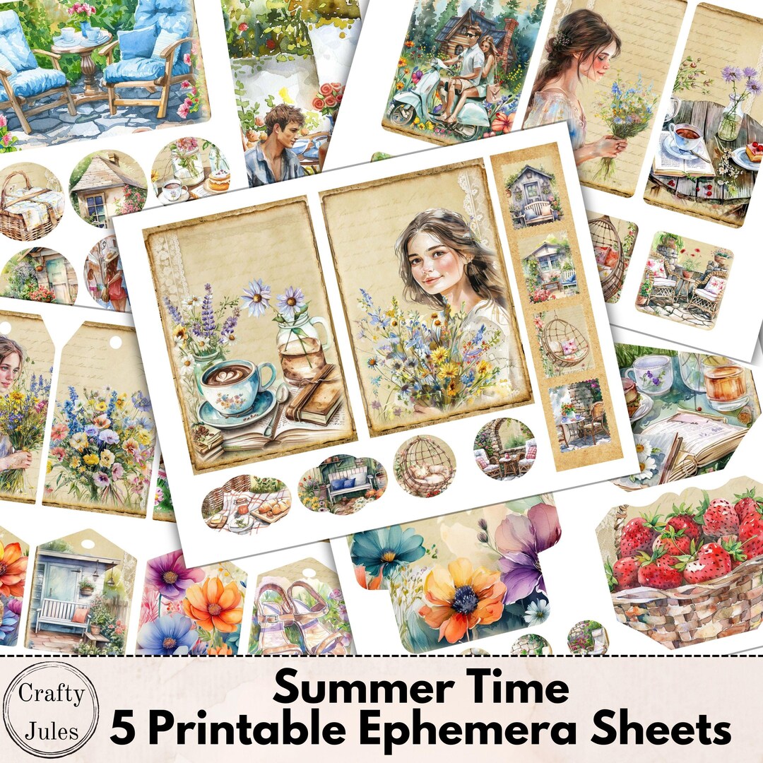 Summer Time Printable Ephemera Sheets – 5 Digital Sheets, 40 ...