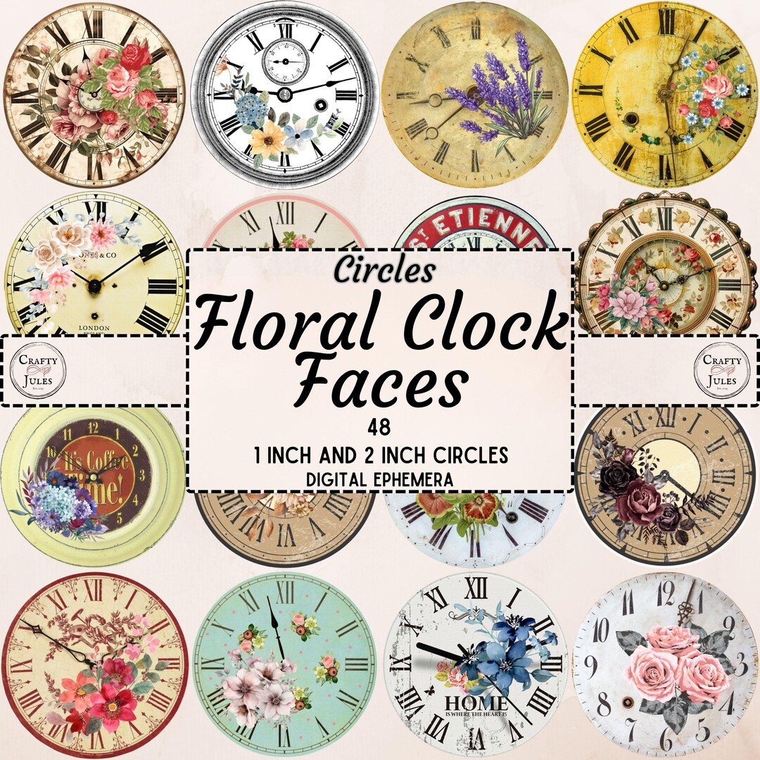 Floral Clock Faces, Digital Ephemera for Junk Journals and Scrapbooking ...