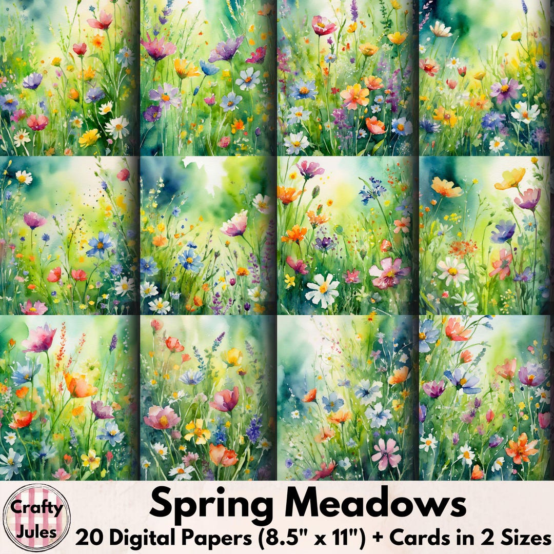 Spring Meadow Digital Papers – 20 Printable Wildflower Pages, + Cards ...