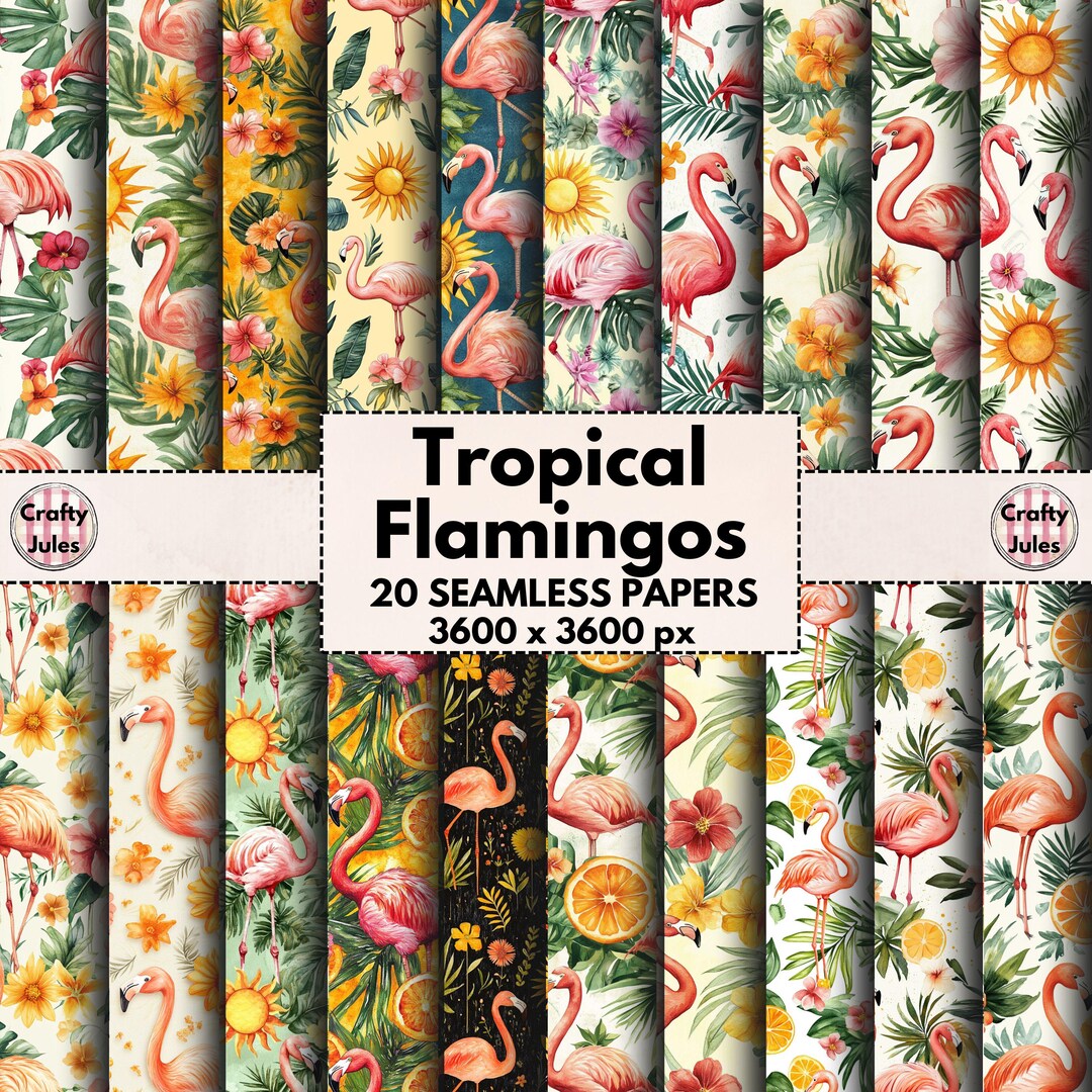 Flamingos Digital Seamless Patterns, Printable Tiled Papers, Tropical ...