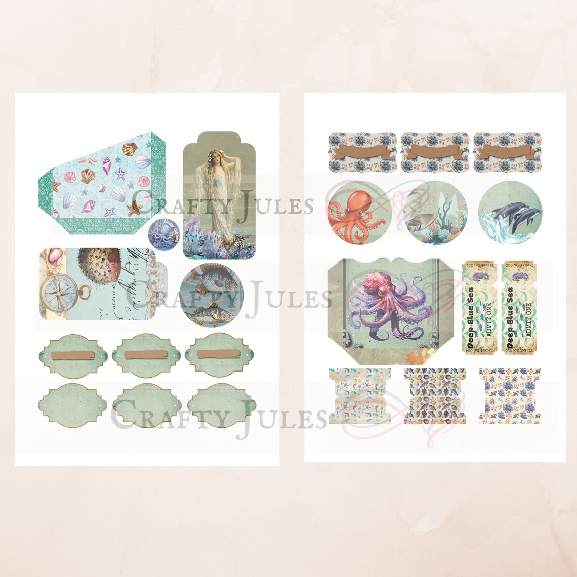 Printable Ocean Themed Ephemera Papers, 14 Sheets in 2 Sizes, Digital ...