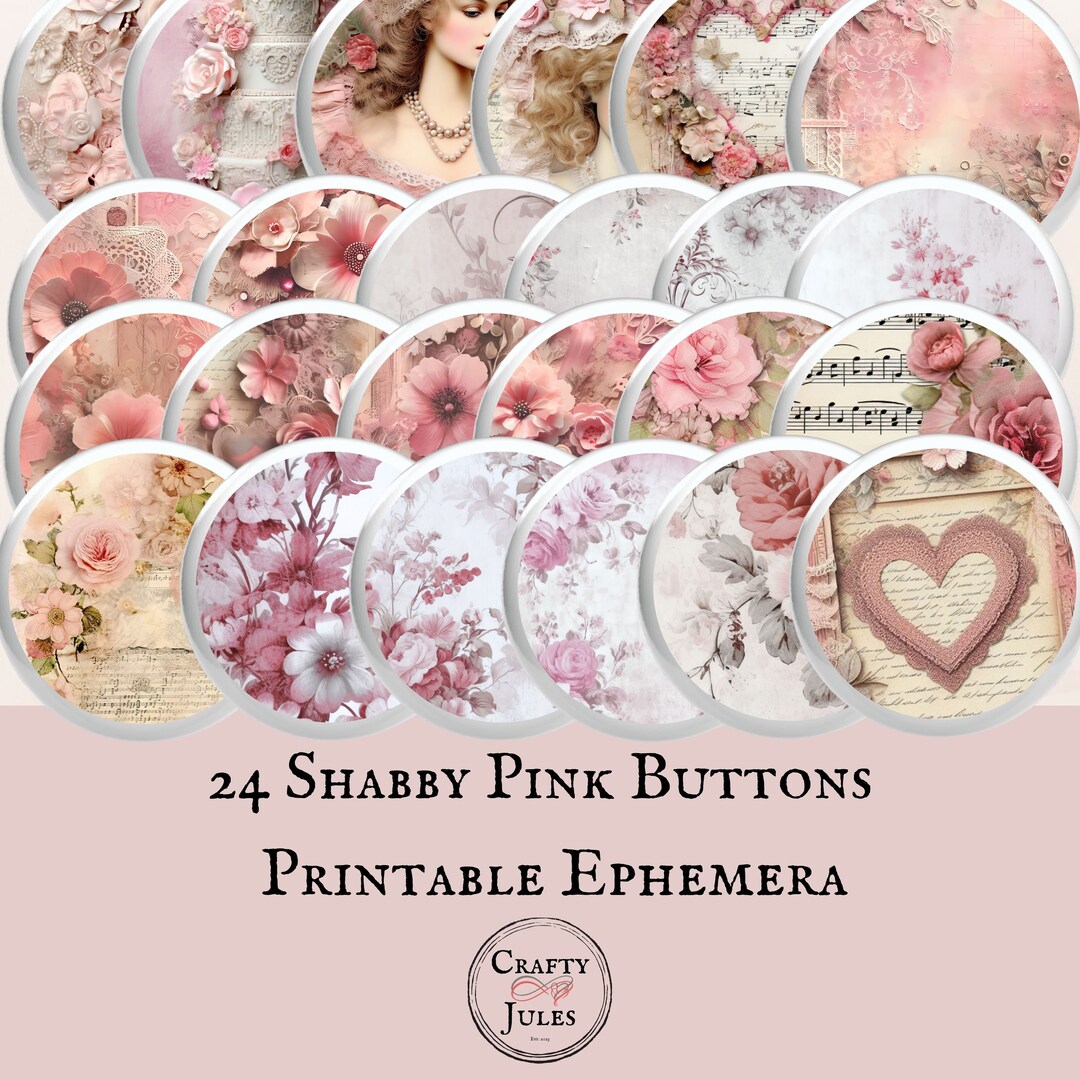 24 Shabby Pink Buttons, Ephemera for Junk Journals and Scrapbooking ...