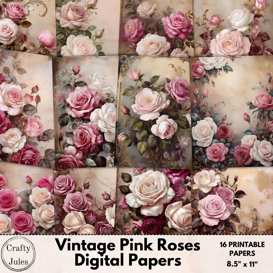 Pink Rose Digital Papers 16 Printable Floral Pages, Vintage Style ...