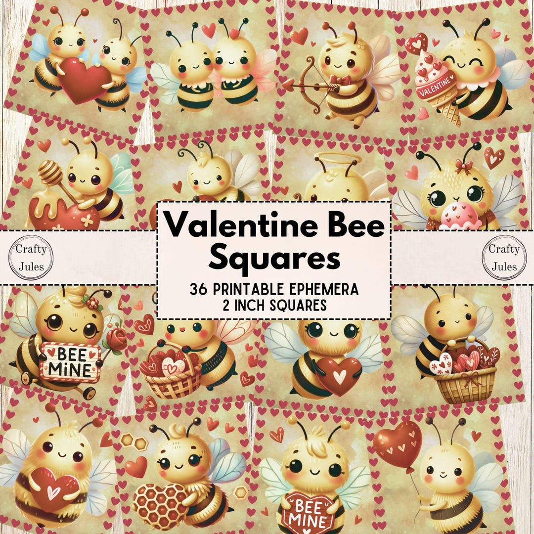 Valentine Bees Printable Squares – 36 Printable 2 Inch Squares, Cute ...