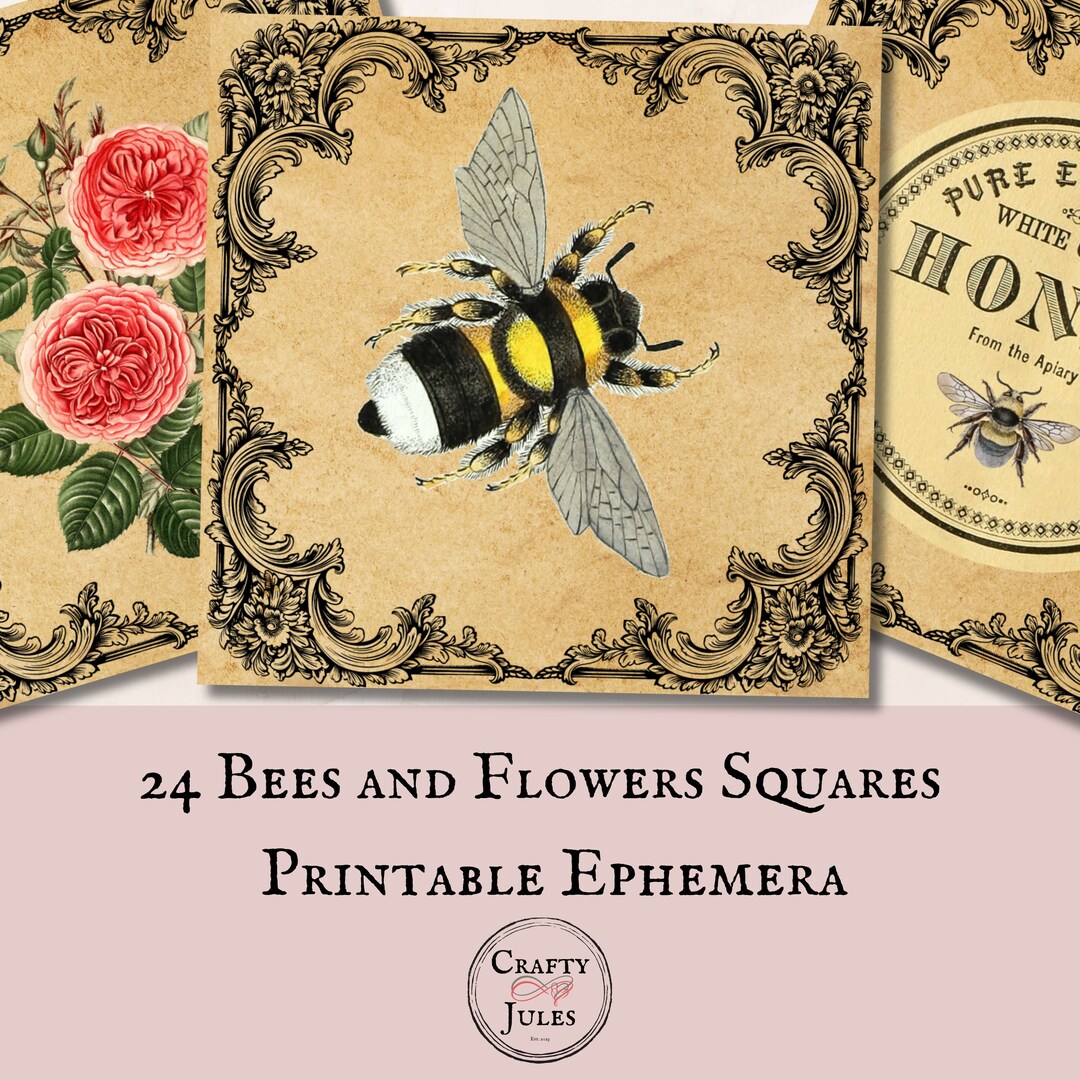 Bees and Flowers Printable Squares, 24 in 2 Different Sizes, Digital ...