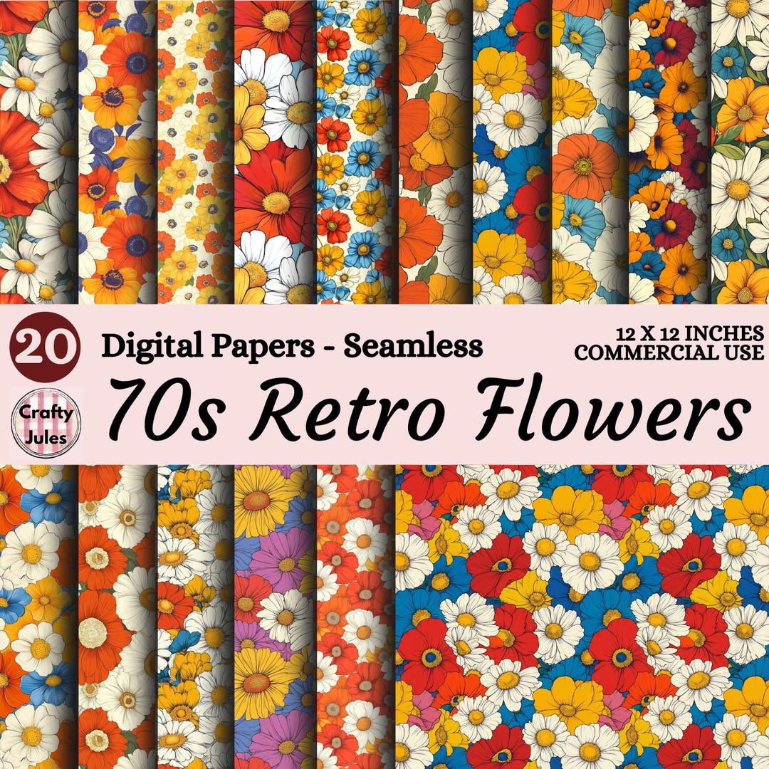 70s Retro Flowers Digital Paper, Floral Patterns for Scrapbooks ...