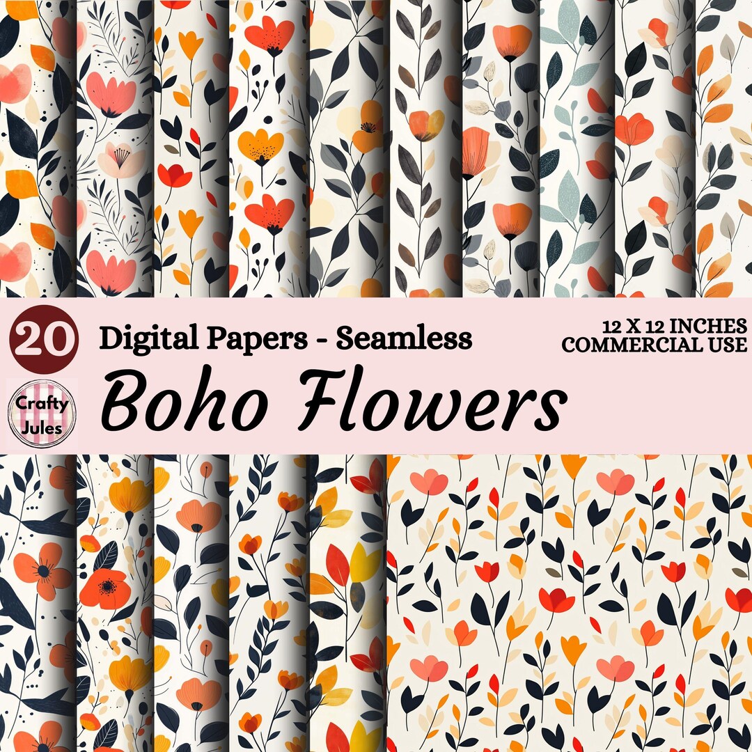 Boho Flowers Digital Paper, Neutral Journal & Scrapbook Pages, Seamless ...