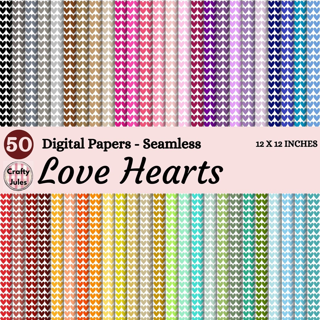 Love Hearts Seamless Patterns, 50 Colours, Geometric Scrapbook, Craft ...