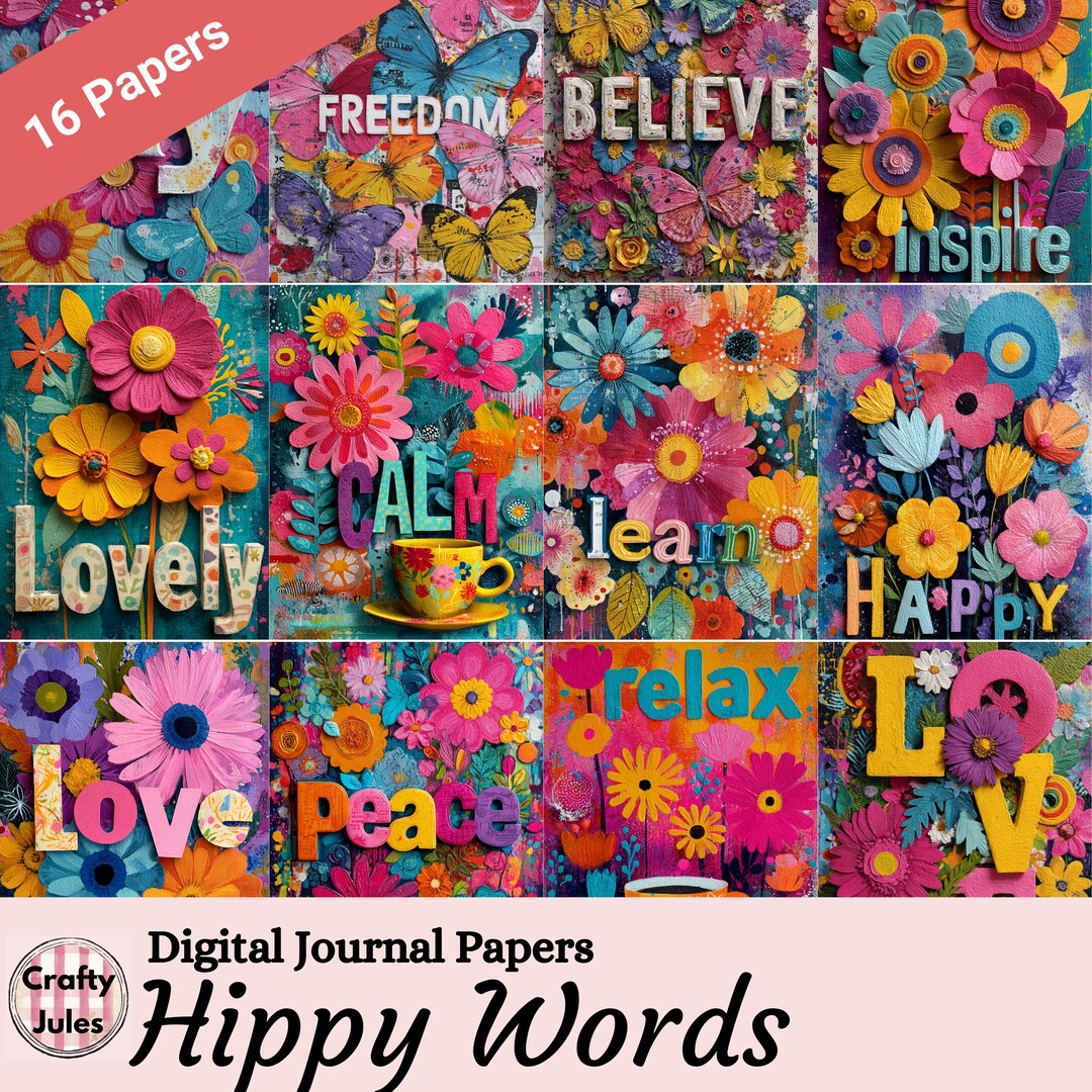Hippy Words Digital Papers, Printable Sixties Flower Collages ...