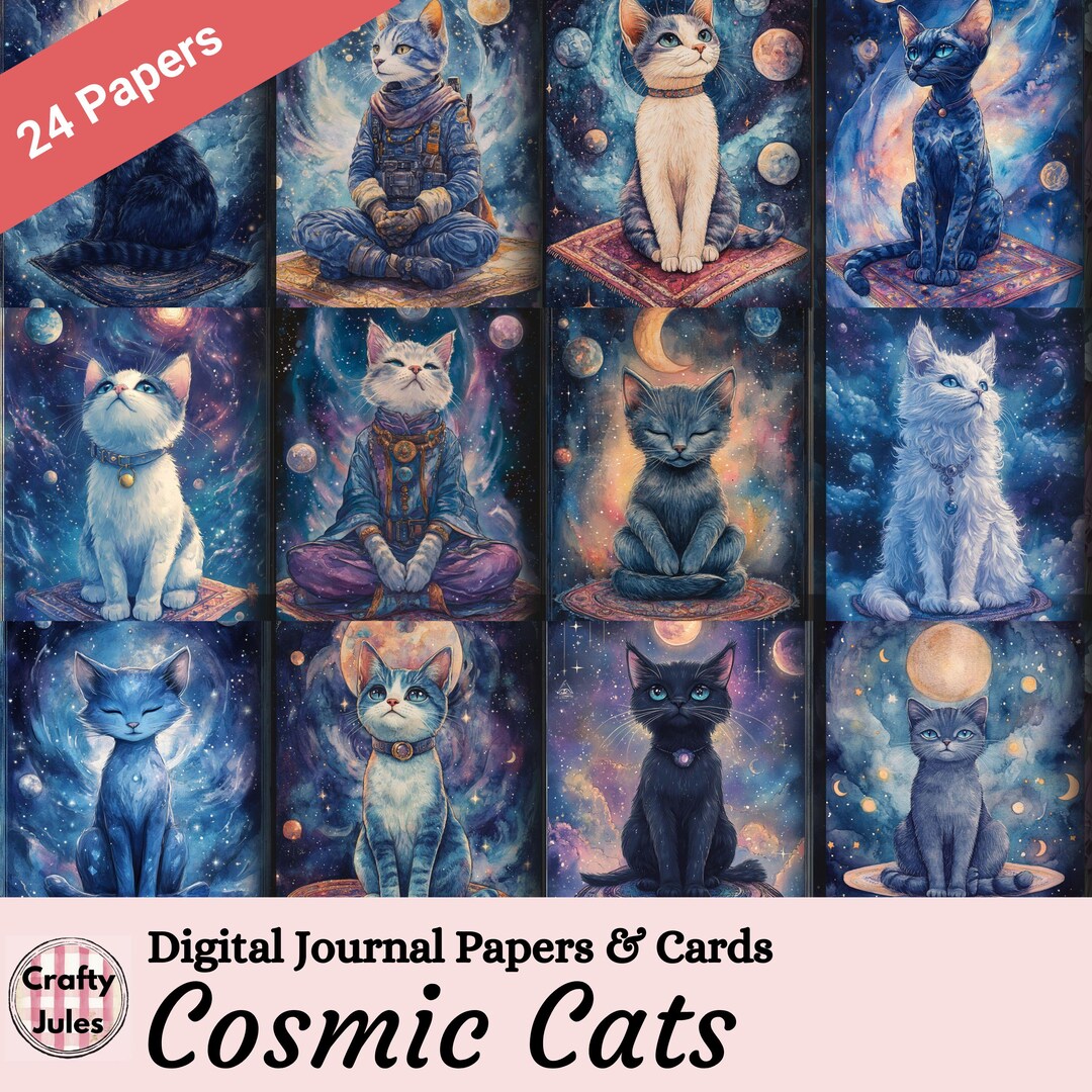 Cosmic Cats Digital Papers and Cards, Space Kitties Scrapbook, Craft ...