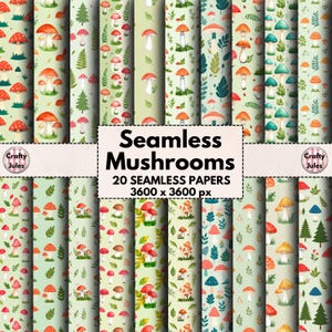 Mushrooms Seamless Digital Patterns, 20 Printable Papers, Nature ...