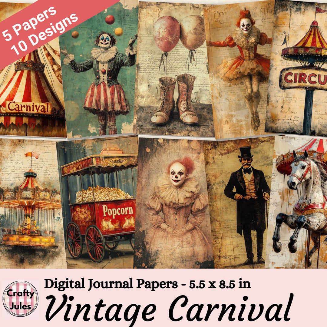 Vintage Carnival Journal Half-papers, Grungy Circus Scrapbook Pages ...