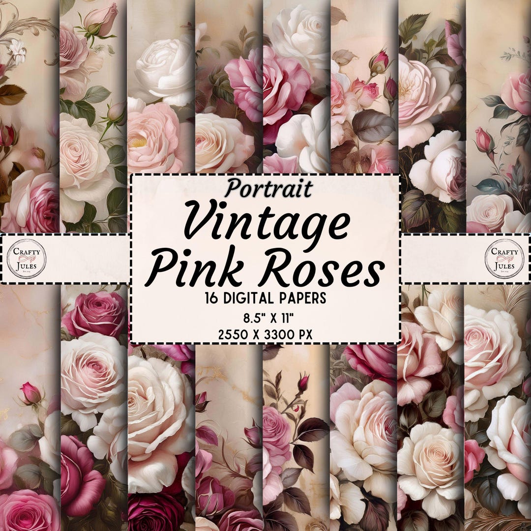 Vintage Pink Roses Digital Papers Vintage Style Backgrounds, Printable ...