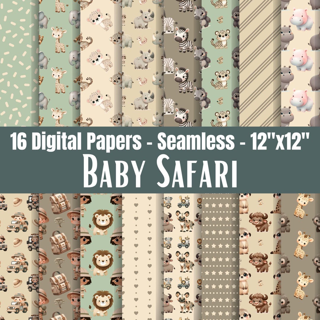Baby Safari Animal Seamless Patterns, 16 Jungle Digital Paper, Nursery ...