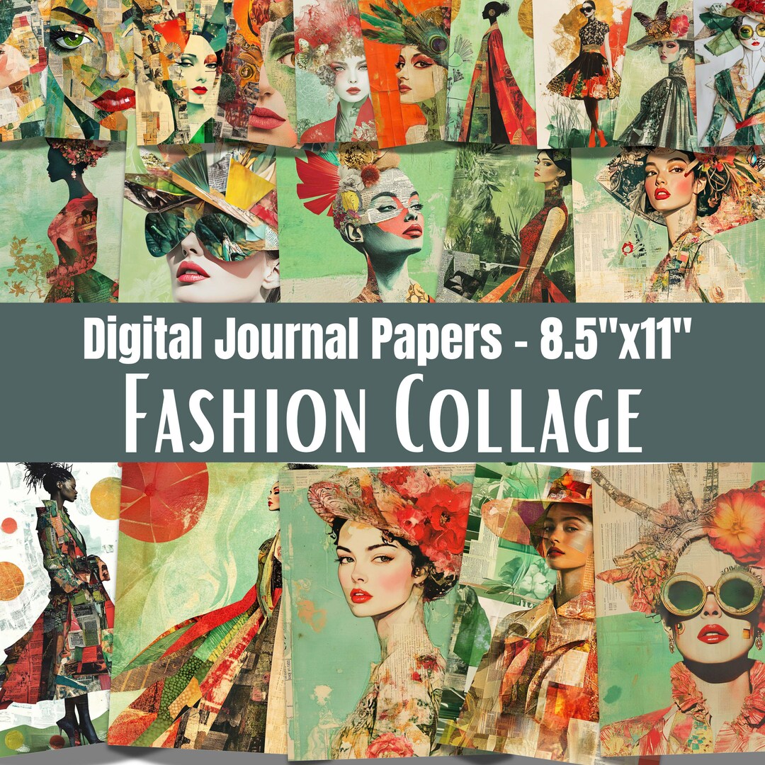 Fashion Collage Digital Papers, Mixed Media Art Journaling Pages, 8.5 ...