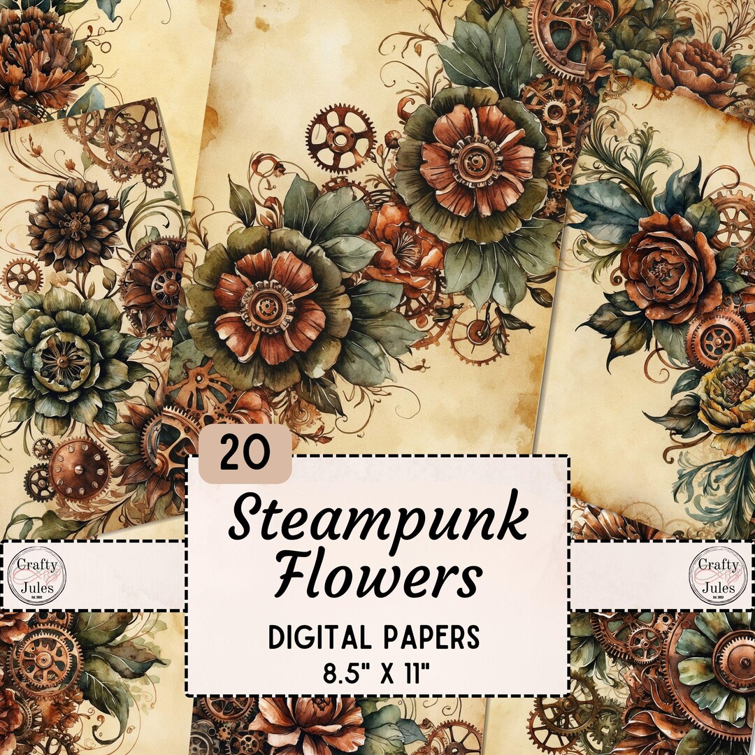 Steampunk Floral Digital Papers 20 Gear and Flower Designs for ...